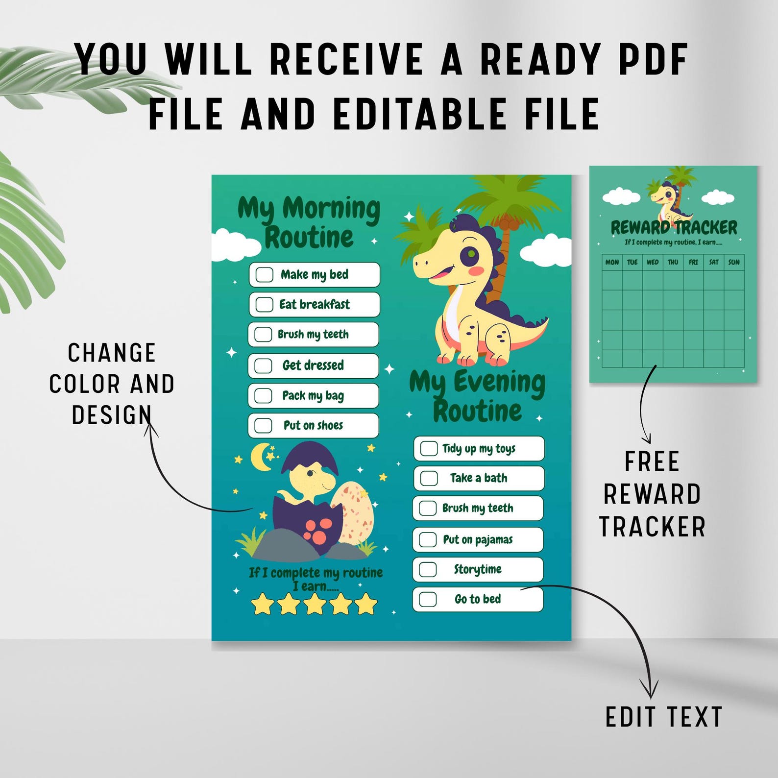 Dinosaur Routine Chart for Kids: Editable Morning & Evening Schedule ...