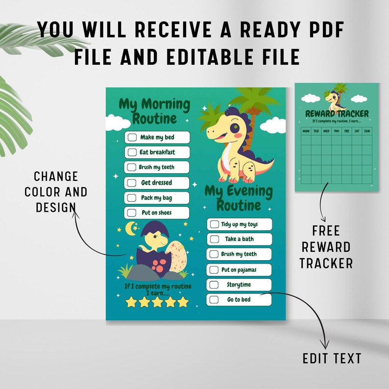 Editable Dinosaur Routine Chart for Kids – Morning & Evening Schedule ...