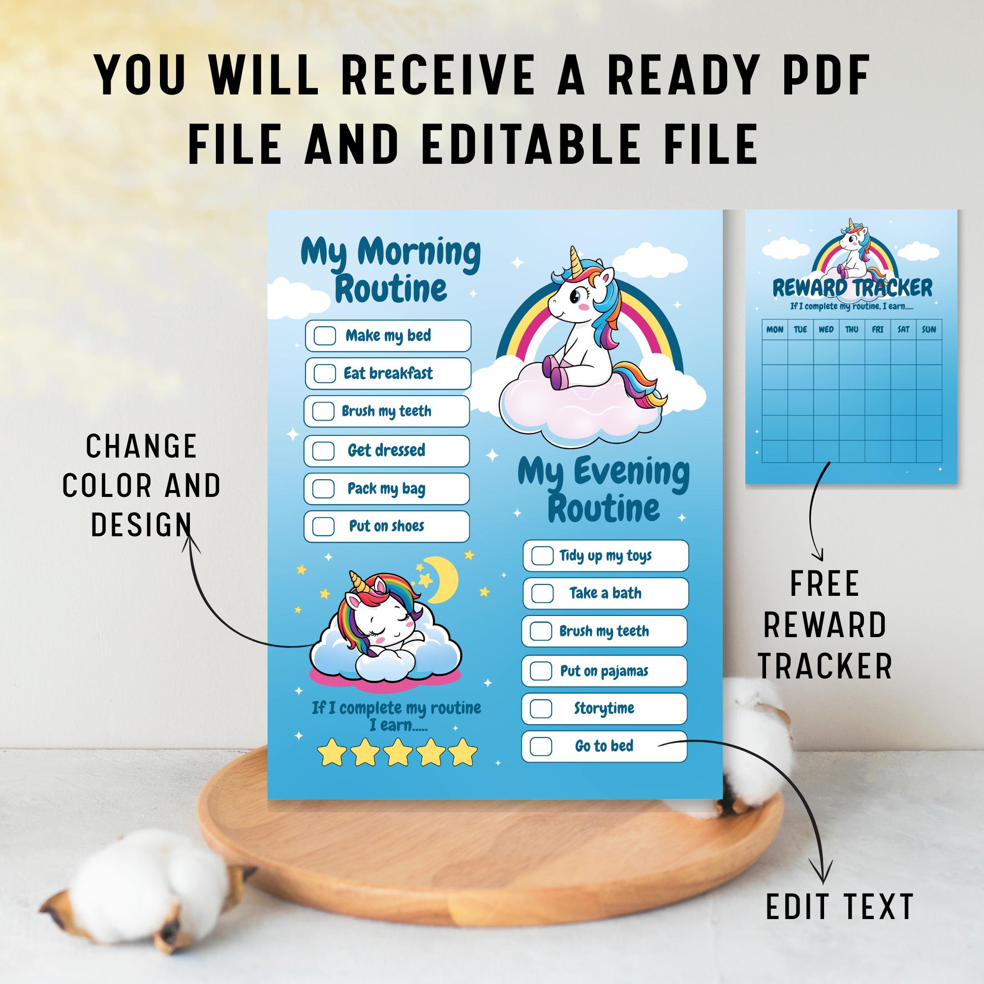 Editable Unicorn Routine Chart for Kids | Toddler Morning and Evening ...