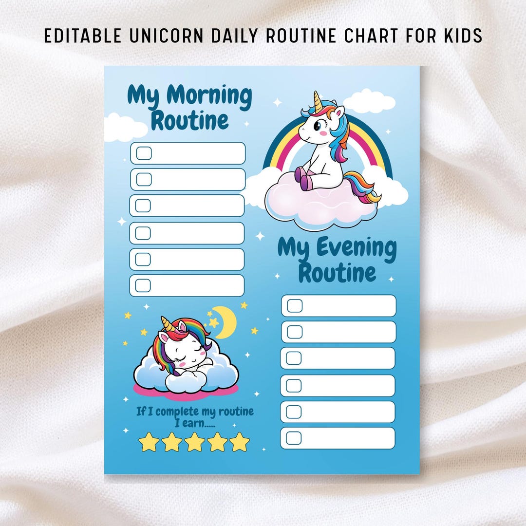Editable Unicorn Routine Chart for Kids | Toddler Morning and Evening ...