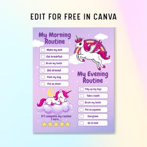 Editable Unicorn Routine Chart for Kids – Morning & Evening Schedule ...