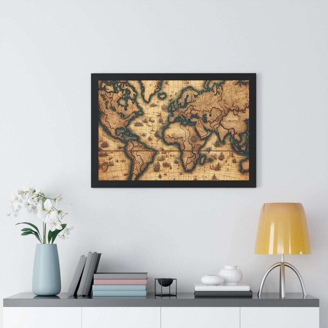 Vintage World Map Framed Poster, Nautical Decor for Travel Enthusiasts ...