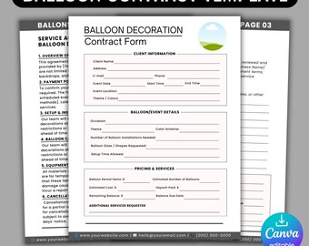 Editable Balloon Decor Contract Template, Balloon Artist Service ...