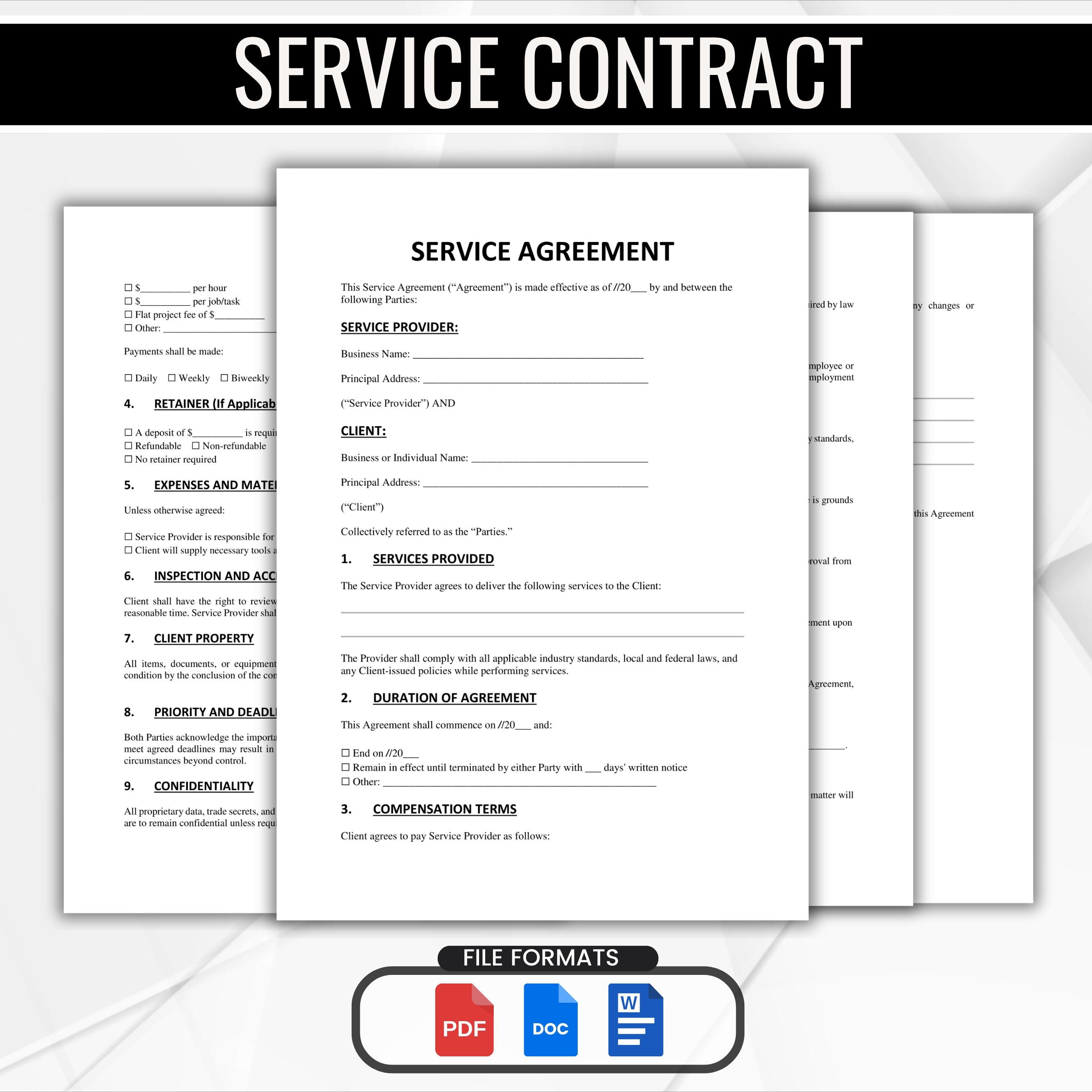 Service Contract Templates, Printable Service Contract Agreement, 4 ...