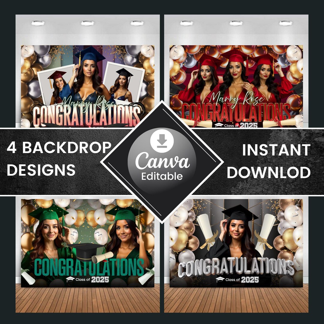 Graduation Backdrop Bundle, 4 Editable Graduate Backdrops, Canva Grad ...