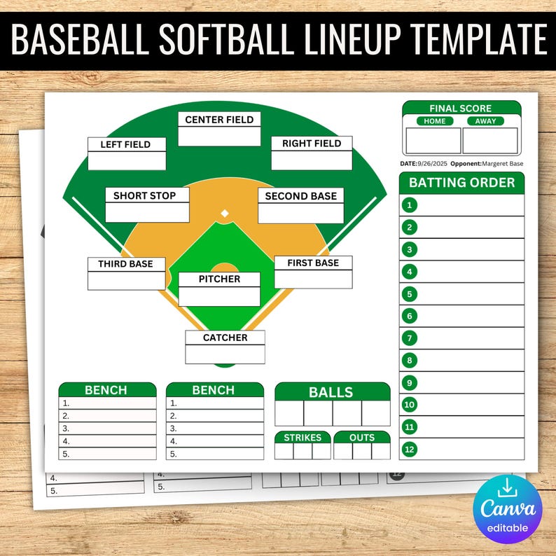 Editable Baseball Lineup,softball Lineup,baseball Chart Cards,baseball ...