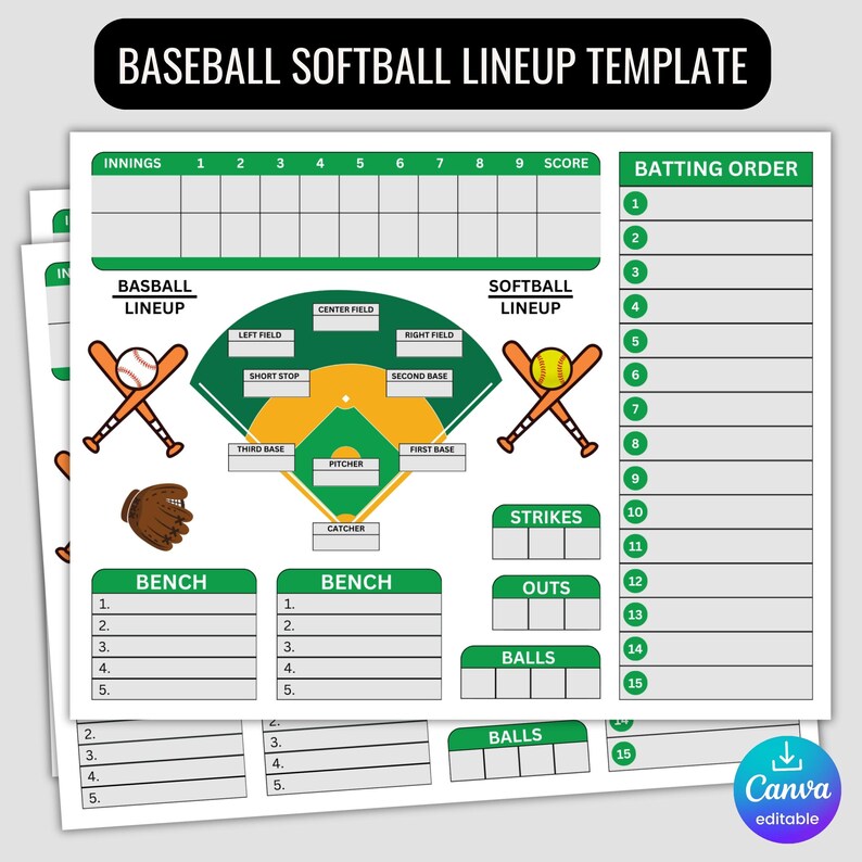 Editable Baseball Lineup,softball Lineup,baseball Chart Cards,baseball ...