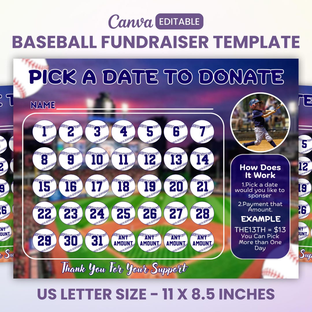 Baseball Fundraiser Calendar 2025, Pick a Date to Donate, Baseball ...