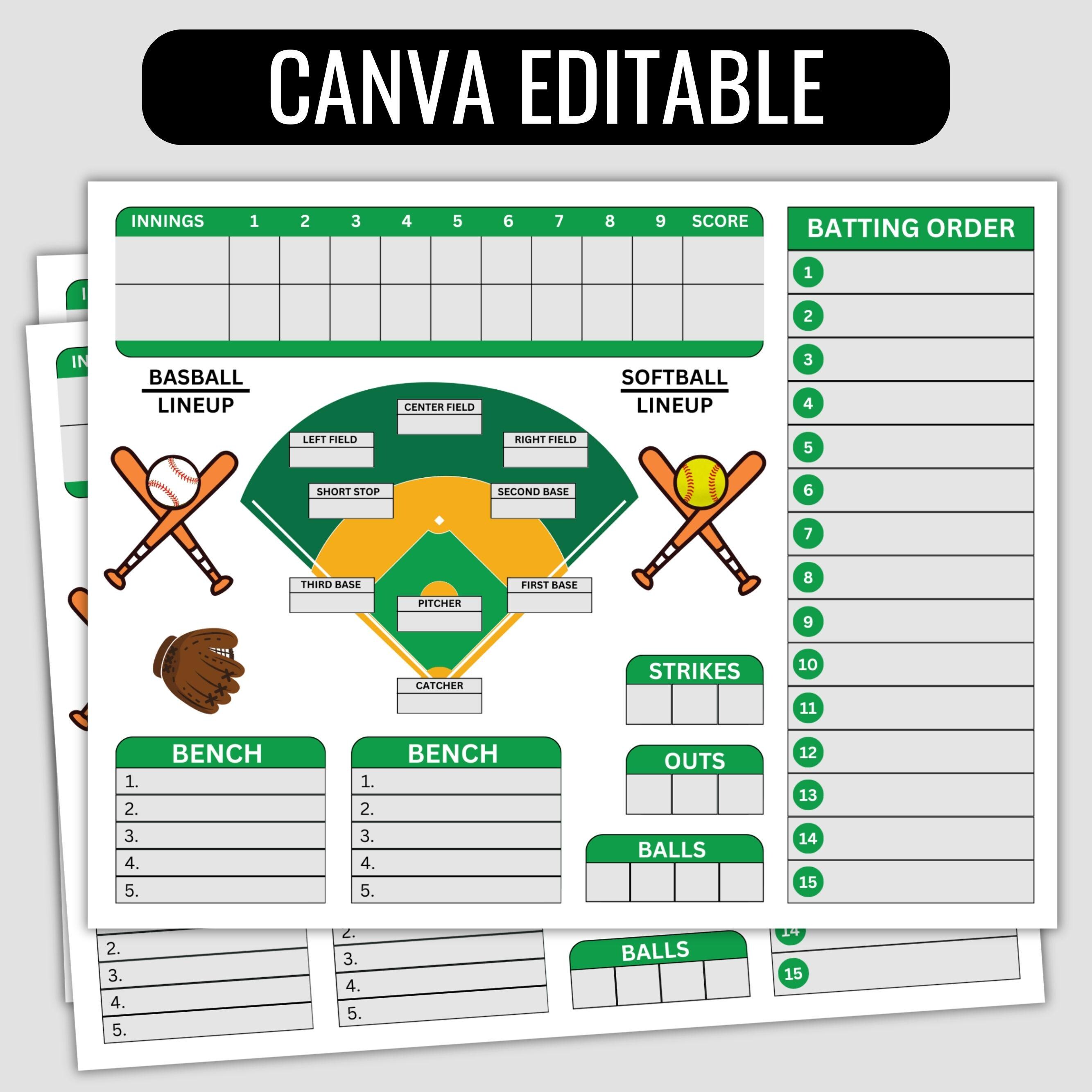 Editable Baseball Lineup,softball Lineup,baseball Chart Cards,baseball ...