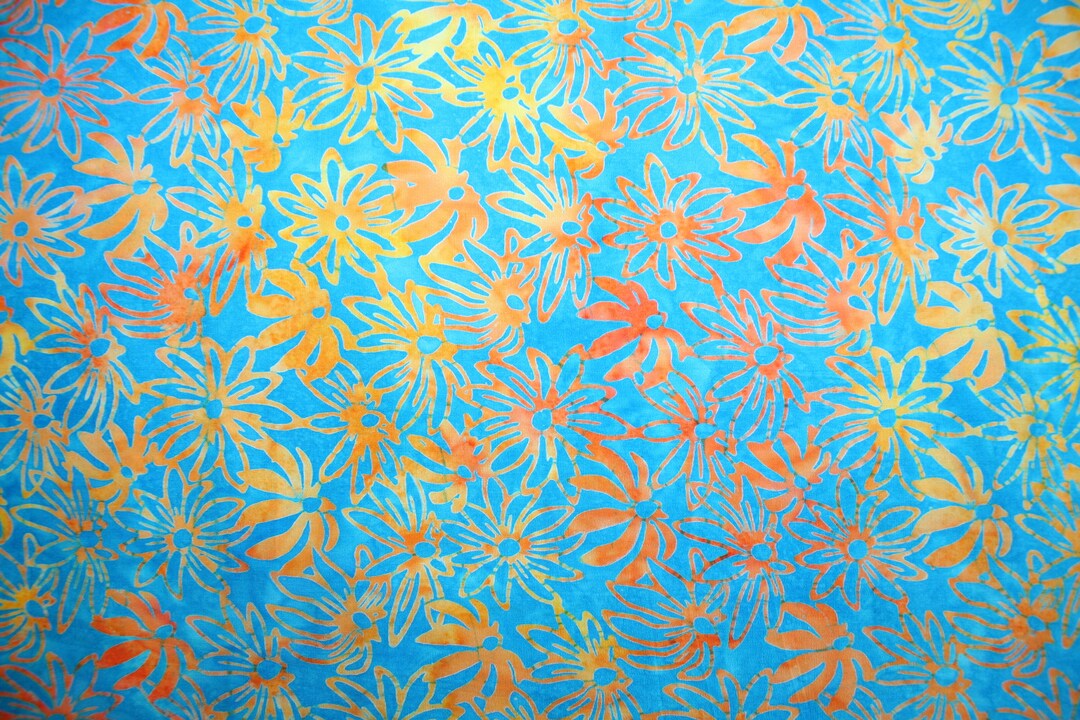 Kaufman "summer Zest" Yellow Orange Flower Petal on Turquoise Aqua Blue ...