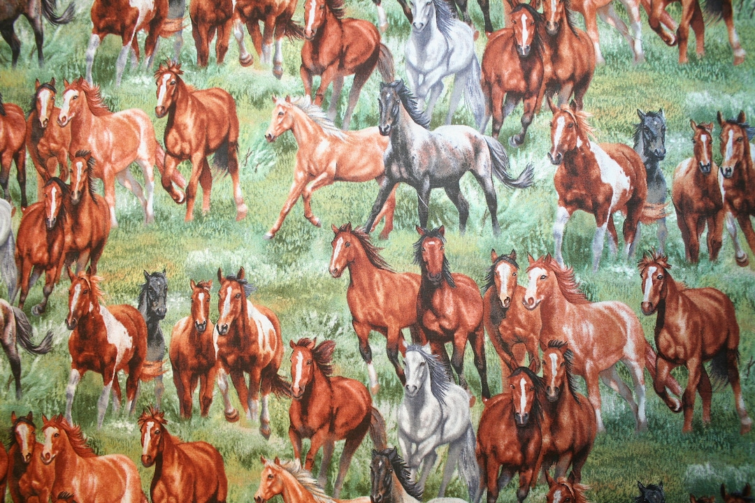 Great HORSE FABRIC! Beautiful Horses Running on Grass Allover ...