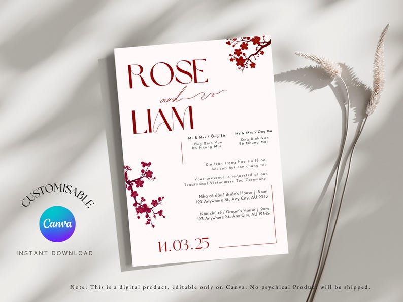 Vietnamese Tea Ceremony Invitation Card Template English and Vietnamese ...