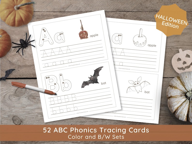 Halloween Alphabet Phonics Tracing Cards: Printable ABC Worksheets for ...