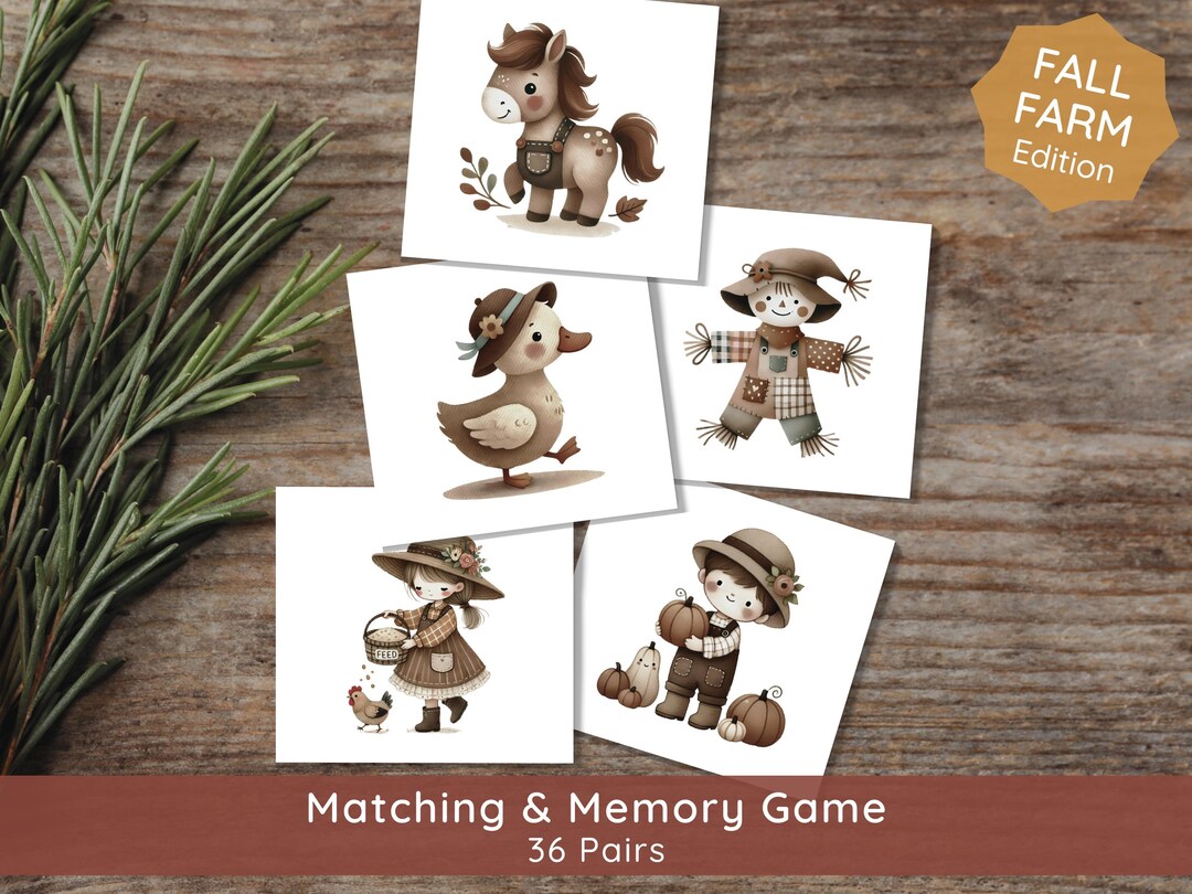 Fall Farm Animal Preschool Matching Game: Watercolor Autumn Homestead ...
