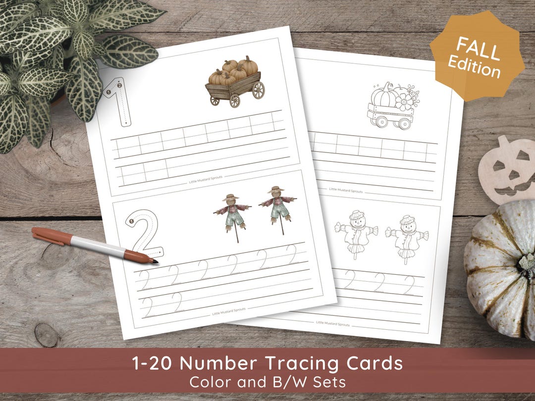 Fall Tracing Worksheets: 1–20 Number Practice Cards for Preschool ...