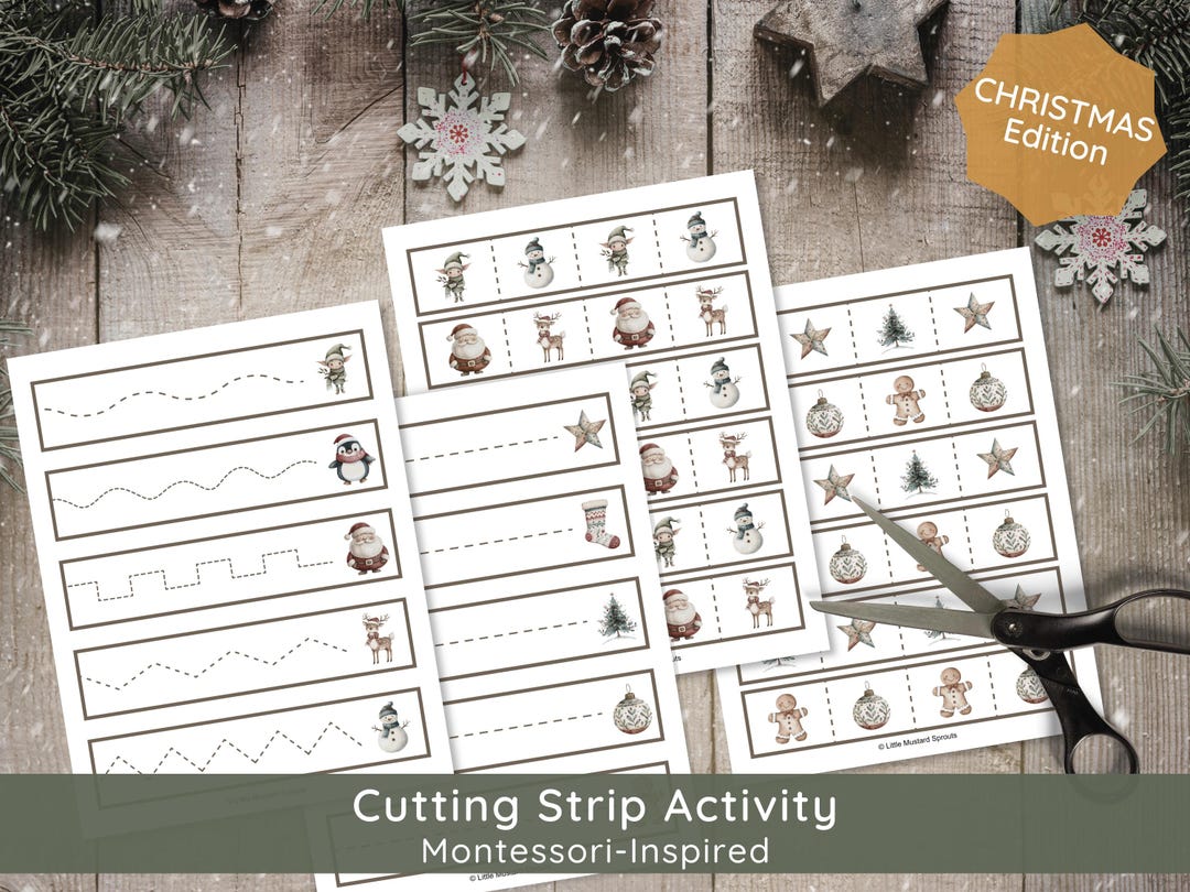 Christmas Cutting Strips Preschool Printable Worksheets: Montessori ...