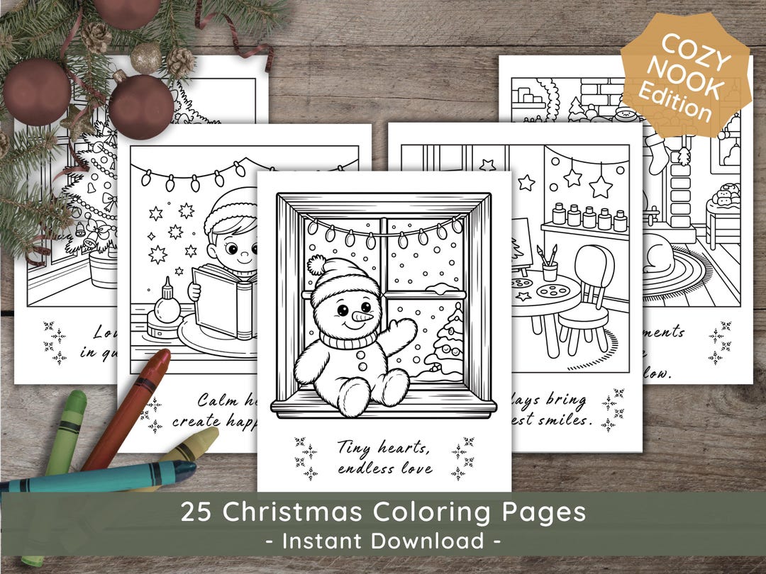 Cozy Christmas Coloring Page Bundle: Hygge Gift for Kids, Simple ...