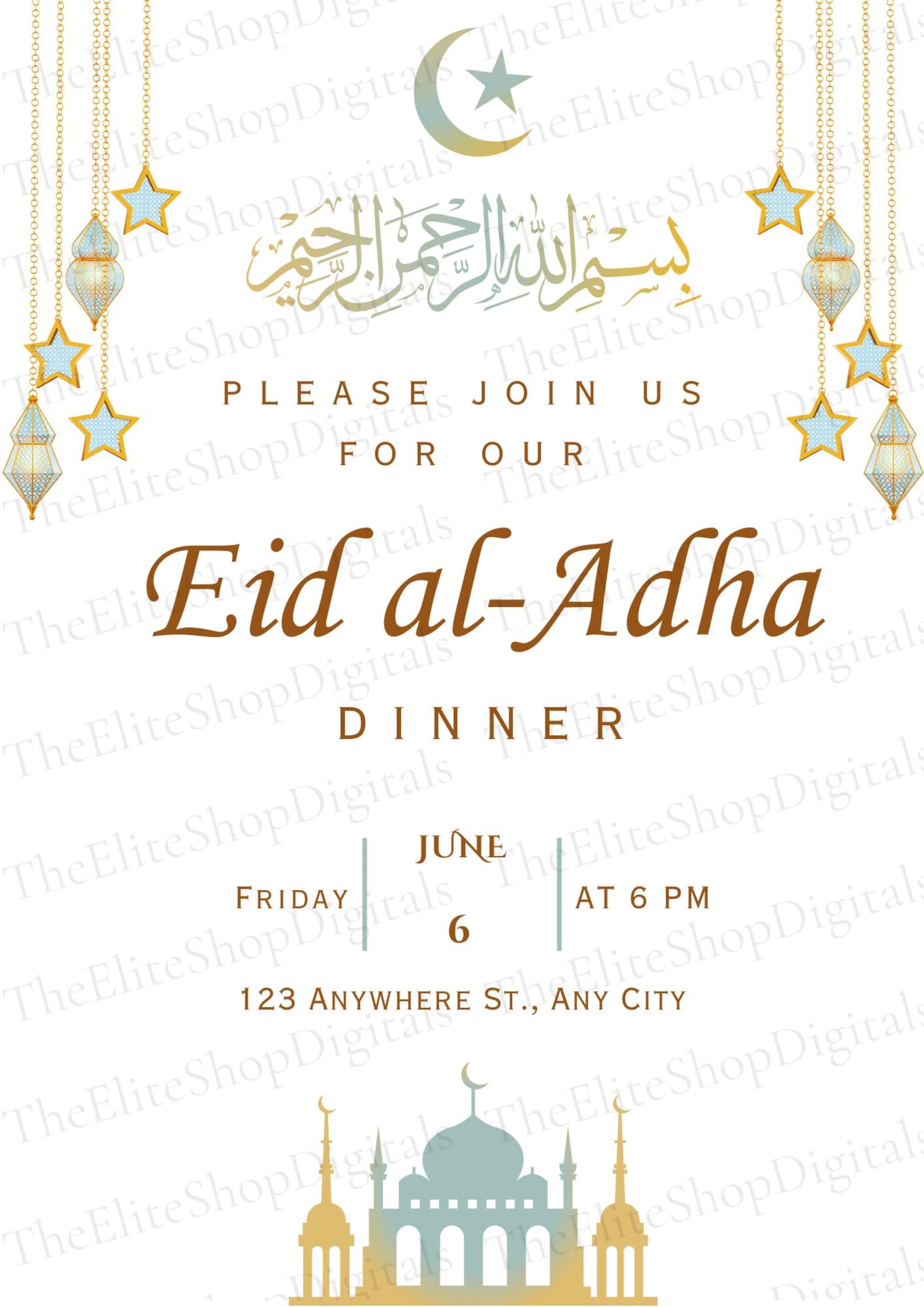 Eid Al- Adha Dinner Invitation, Eid Invitation Template, Editable ...