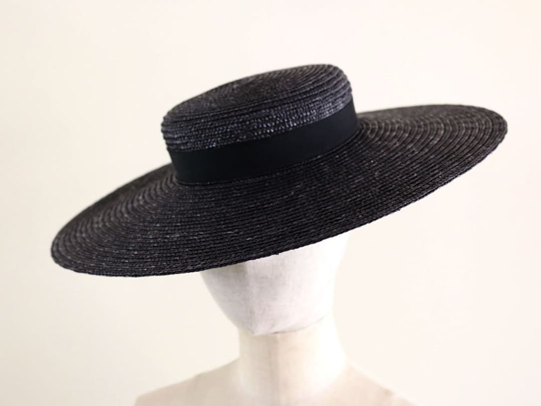 Straw Wide-brimmed Boater Hat Kate Black Wide Brim Boater - Etsy