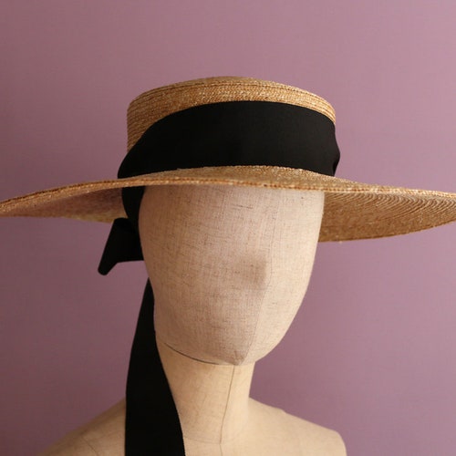 Jessica Wide Straw Boater Ribbon Tie Hat Etsy