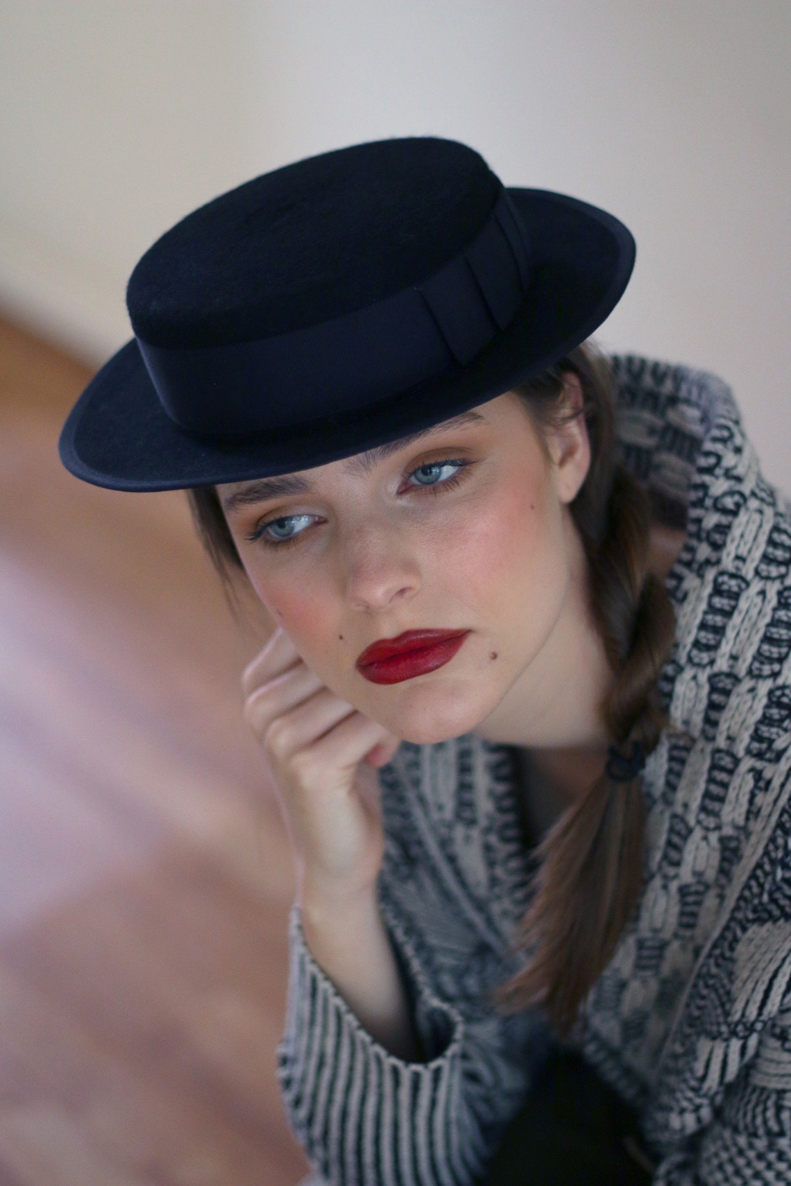 Ready to Ship Black Wool Felt Short-brimmed Boater Hat Vivien, Black ...