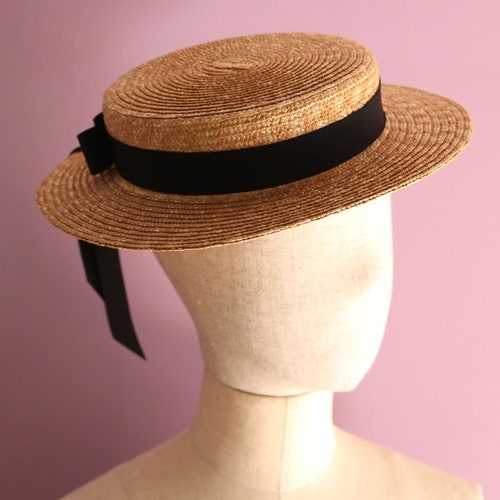 Edwardian Straw Boater Hat Ribbon Strap Flat Wide Brim Straw Etsy