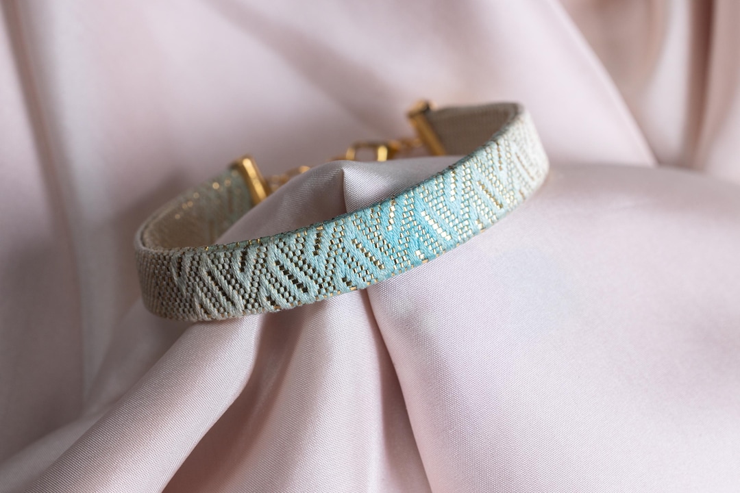 Woven Silk Cuff Bracelet, Light Blue Gold Obijime, With Japanese ...