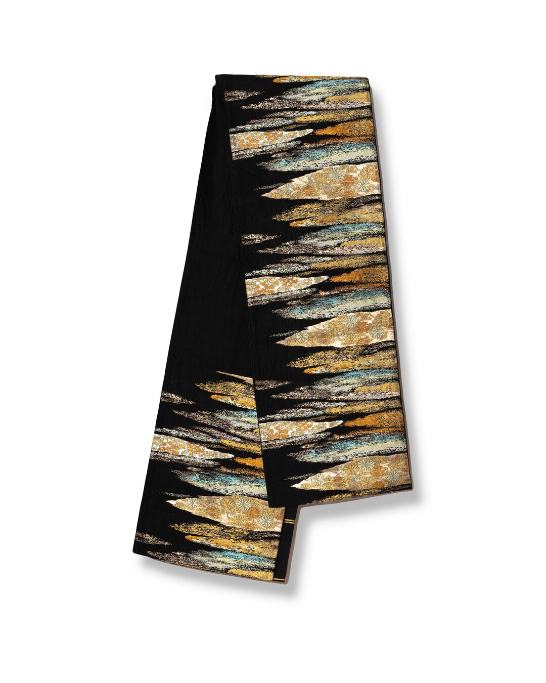 Japanese Silk Obi, Table Runner in Black and Gold Metallic, Vintage ...