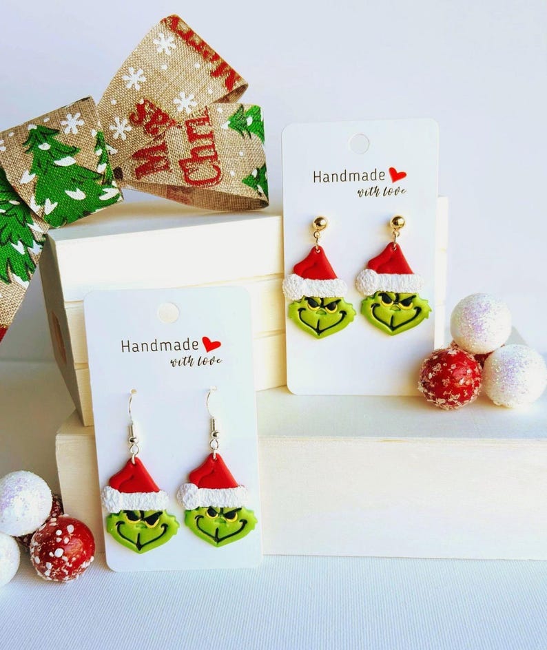 Handmade Grinch Polymer Clay Earrings, FREE GIFT With Purchase ...
