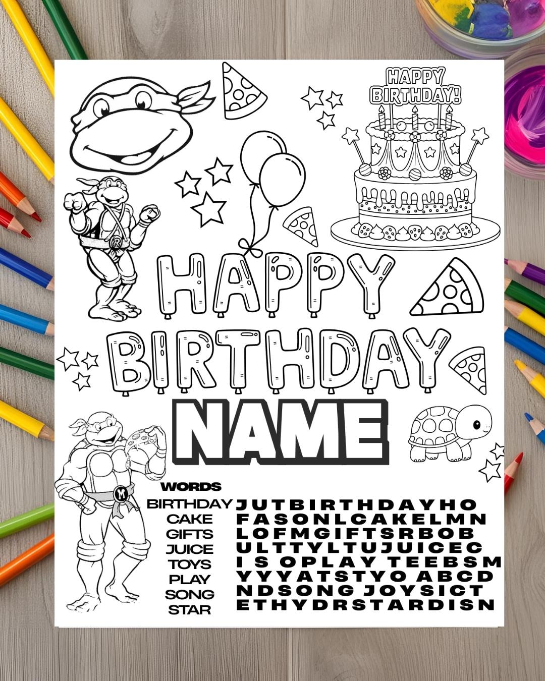 Ninja Turtle Birthday Word Search Coloring Page Printable Kids Activity ...