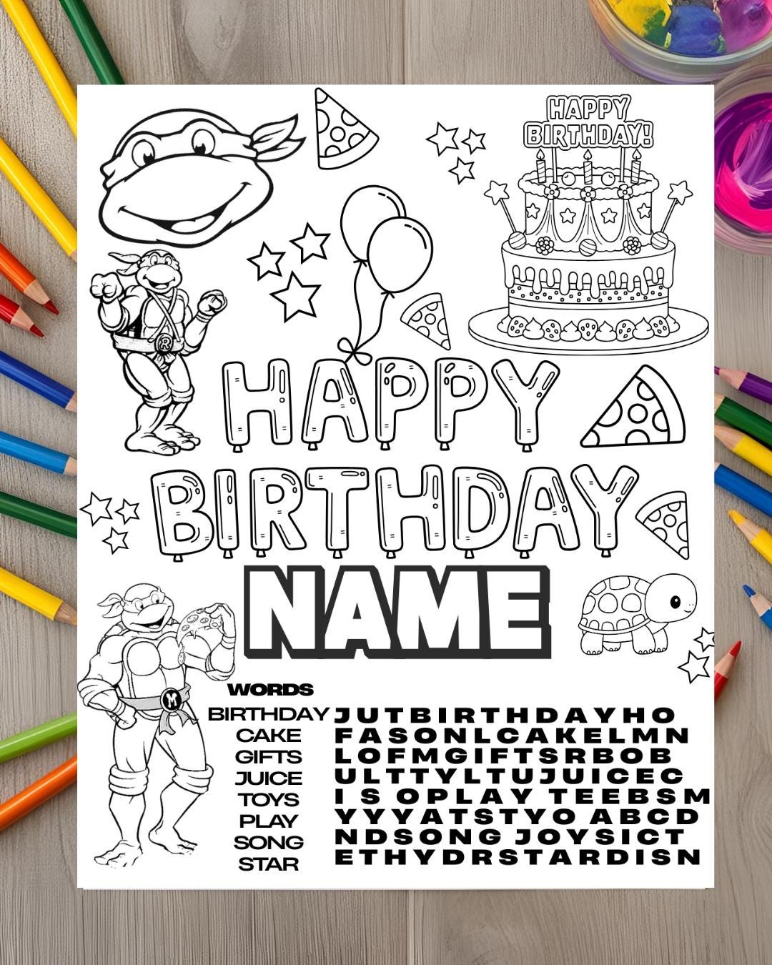 Ninja Turtle Birthday Word Search Coloring Page Printable Kids Activity ...