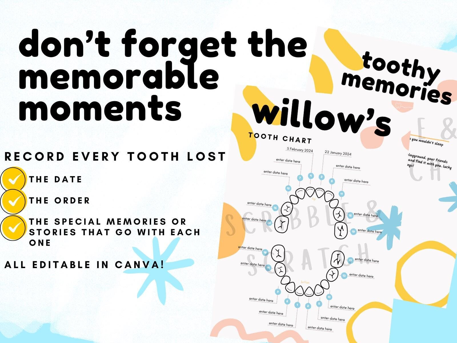 Tooth Chart for Kids, Baby Tooth Chart, Keepsake, Memento, Baby Book ...