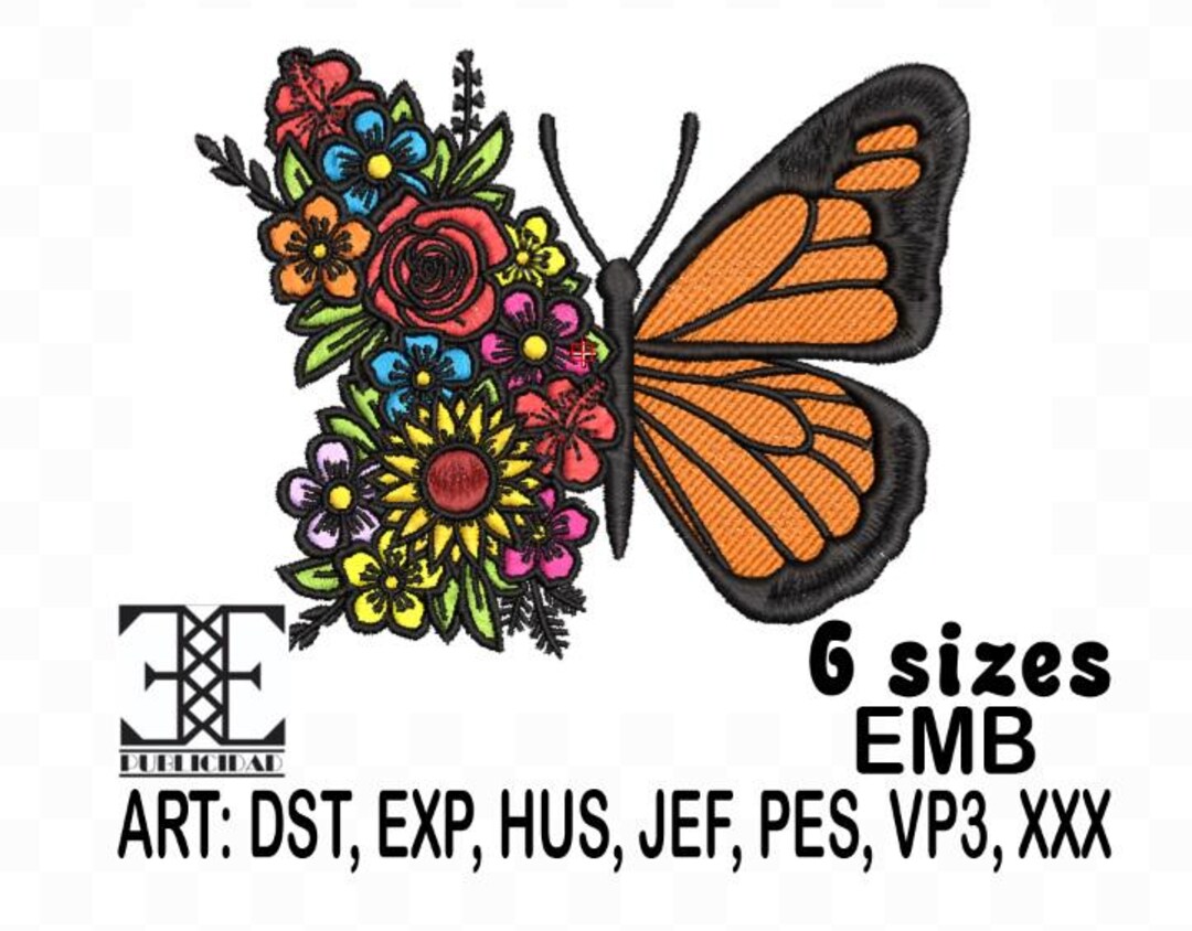 Butterfly Embroidery Design With Flowers, 6 Measure, Emb, Dst, Pes, Exp ...