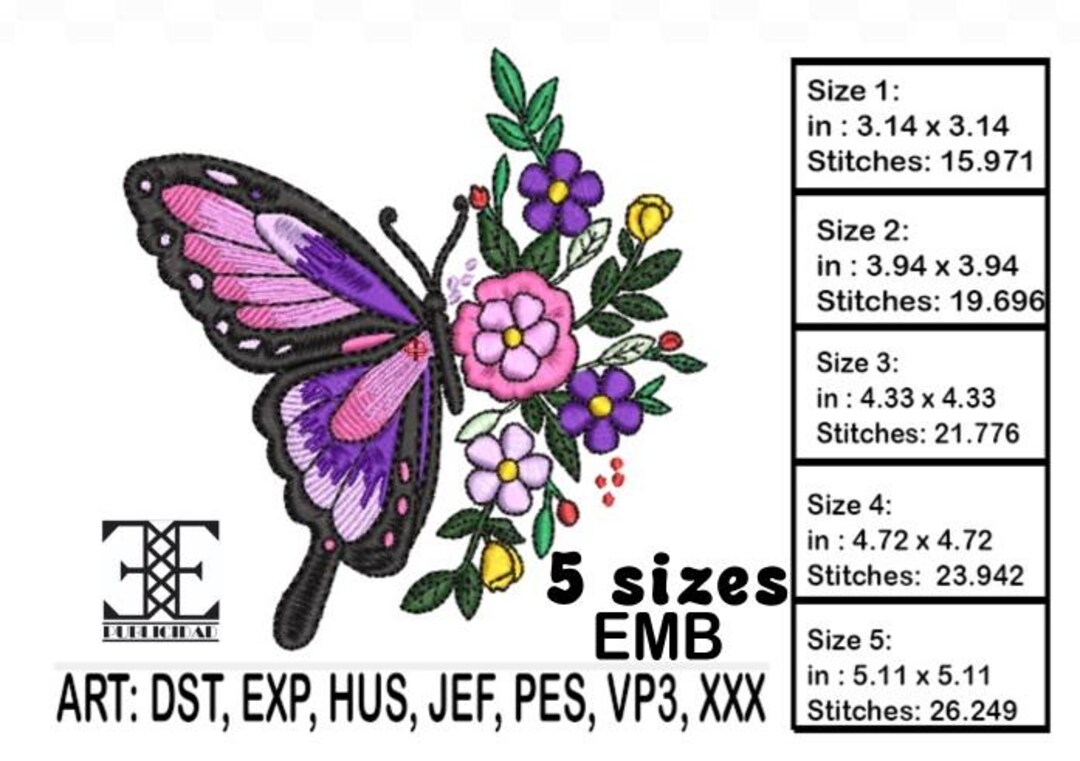 Embroidery Design Beautiful Butterfly With Flowers, 5 Sizes, Emb, Dst ...