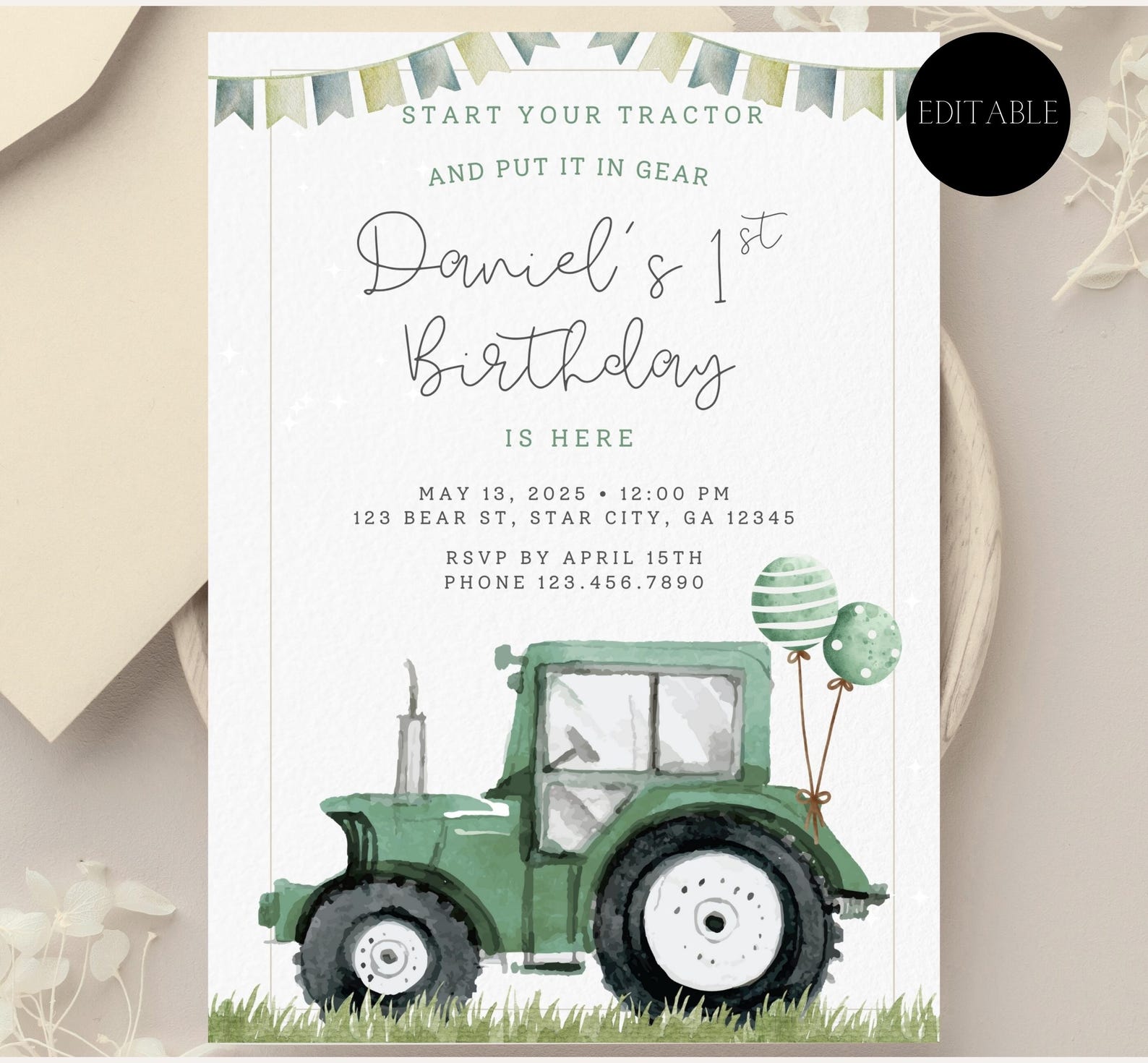 Green Tractor 1st Birthday Invitation | Start Your Tractor and Put It ...