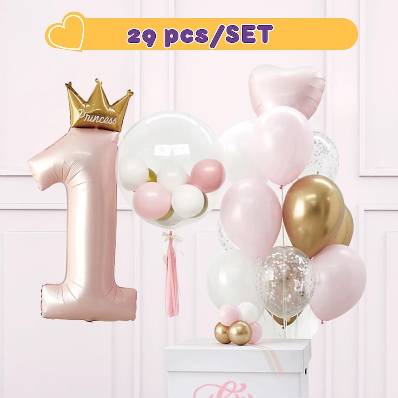 Princess 1st Birthday Balloon Set: Pink, Gold & White Party Decorations ...