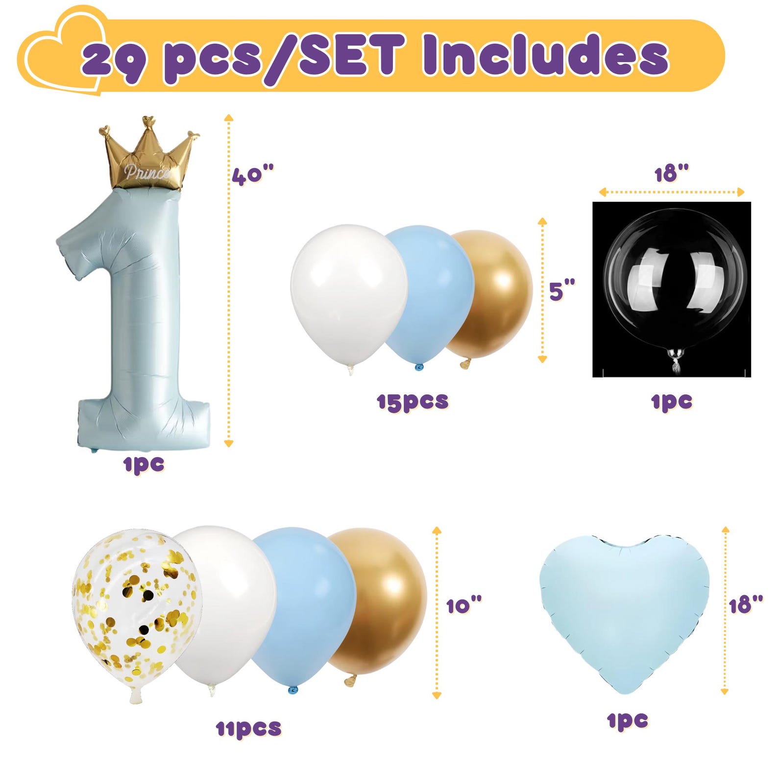 First Birthday Party Balloon Kit – 29 Pieces in Blue, Gold, White ...