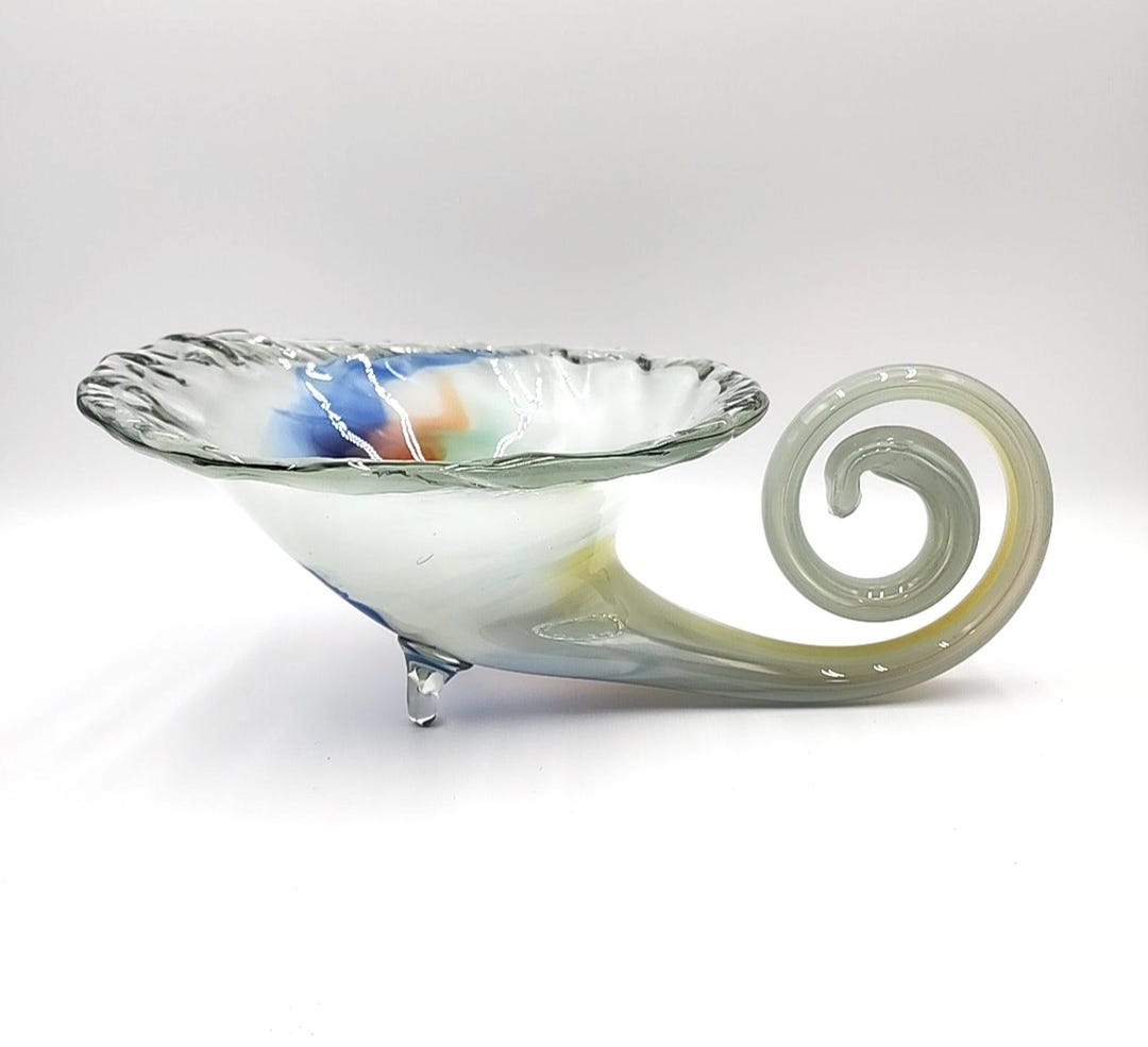 Hand Blown Glass Cornucopia Clear Multi Color Mid Century Modern Large ...