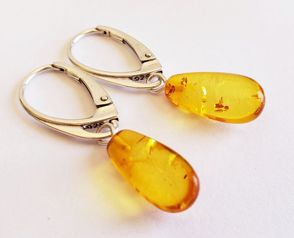 Amber Earrings Silver Drop Earrings Genuine Amber Earrings | Etsy
