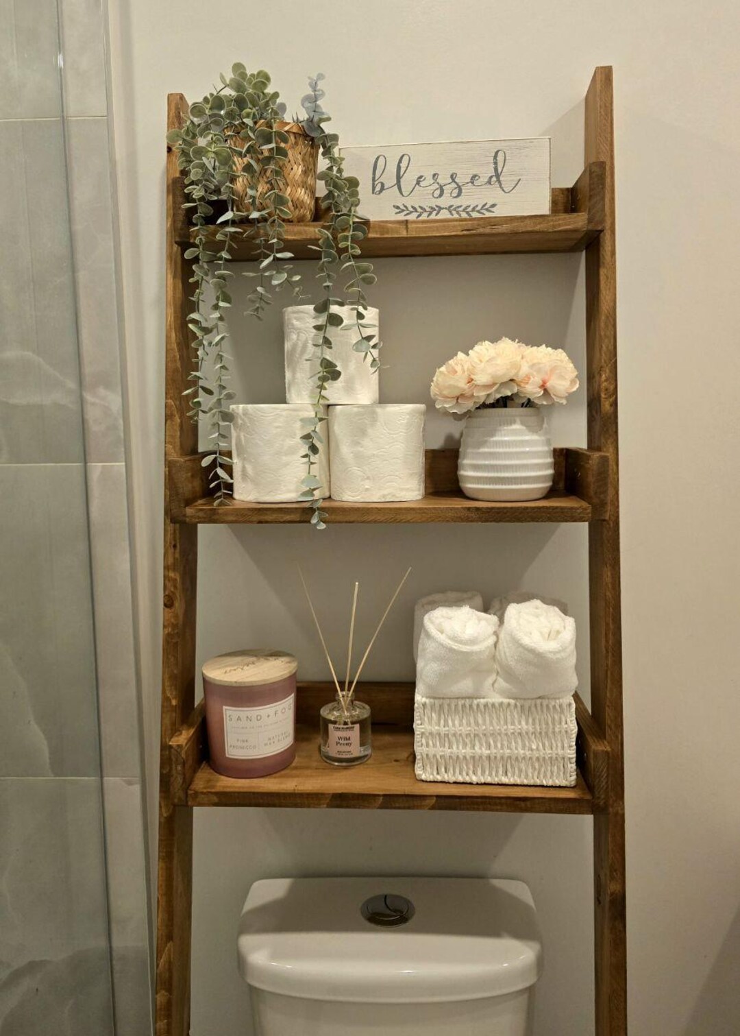 Pine Wood Over-toilet Ladder Shelf: Bathroom Organizer, Leaning Design ...