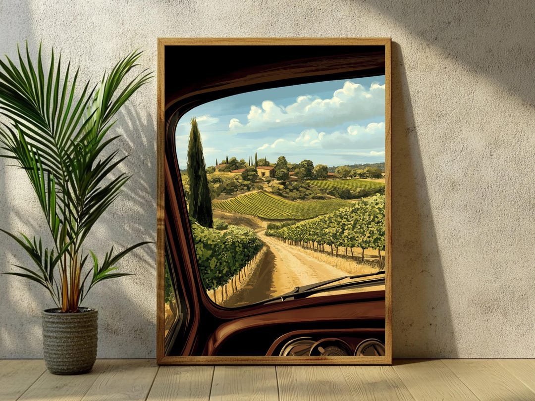 Tuscan Vineyard Poster - Vintage Car Window View Print - Rustic Italy ...
