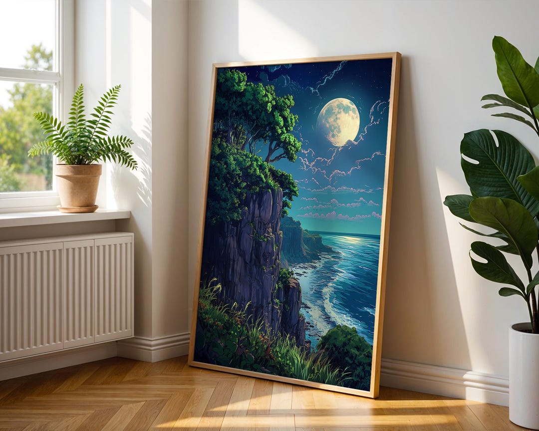 Anime Moonlit Cliffside Poster - Ocean and Moon Wall Art - Lofi ...