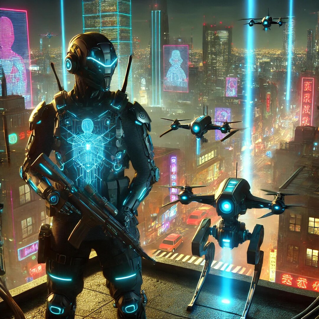 Futuristic Cyberpunk Bounty Hunter Neon Washed Sci Fi Assassin Etsy