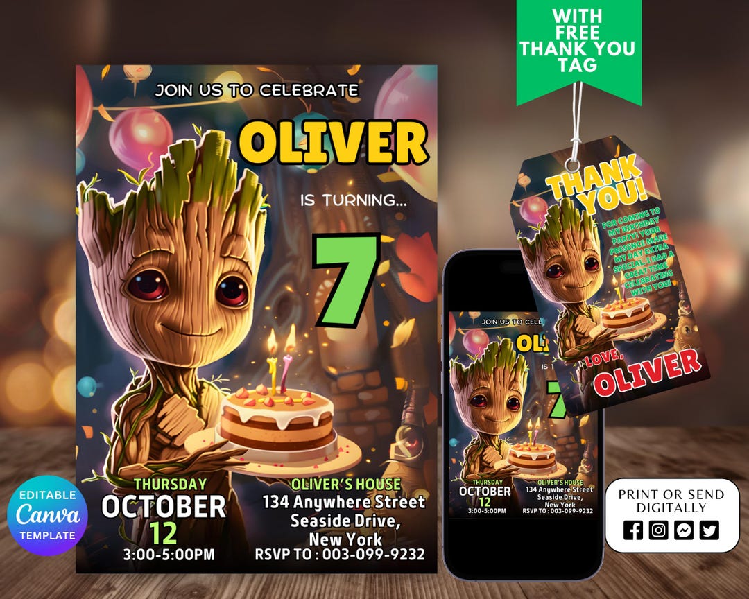 Editable Groot Birthday Invitation, Groot Birthday Invitation Template ...