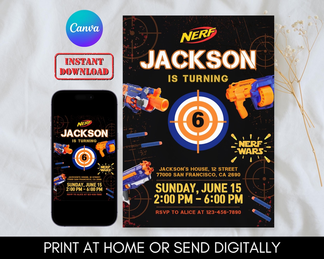 Nerf War Editable Birthday Invitation Template, Dart Gun Battle ...