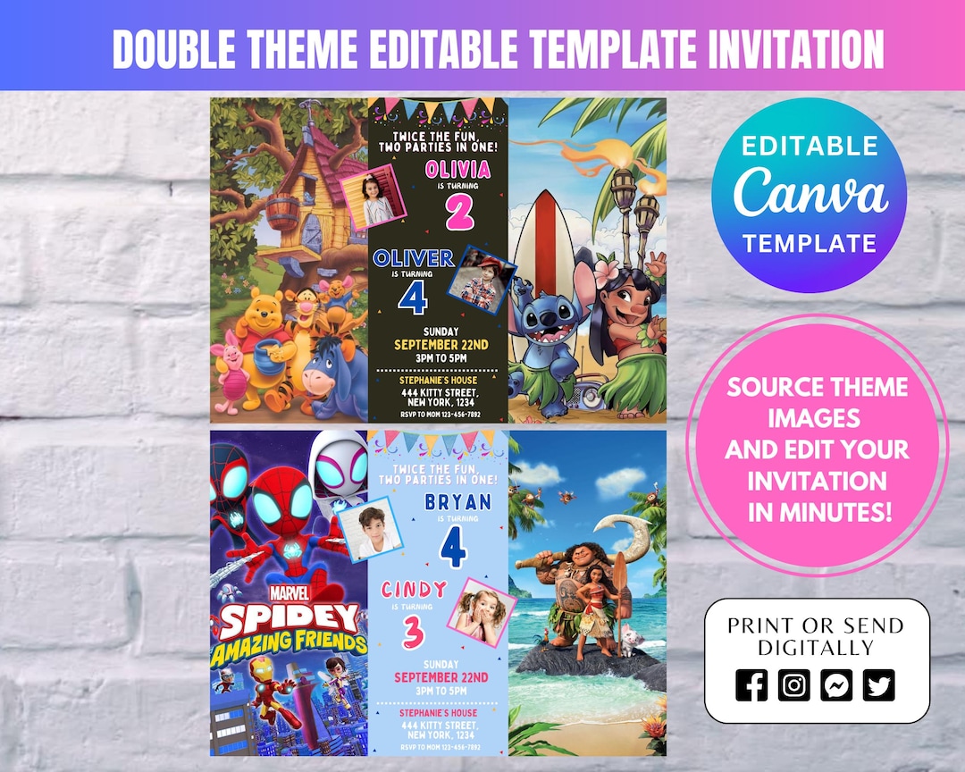 Editable Sibling Birthday Invitation, Double Birthday Invite, Dual ...