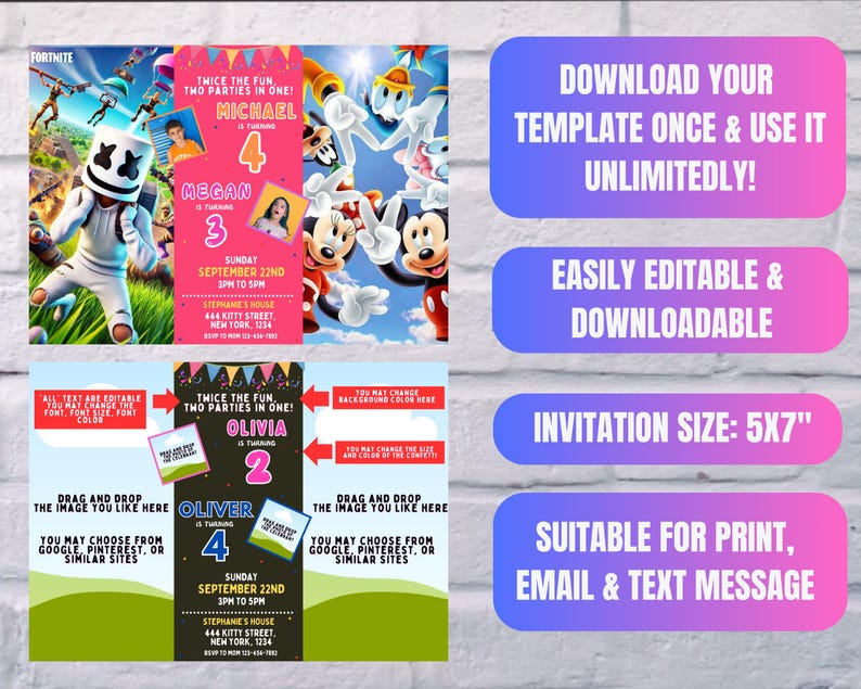 Editable Sibling Birthday Invitation, Double Birthday Invite, Dual ...