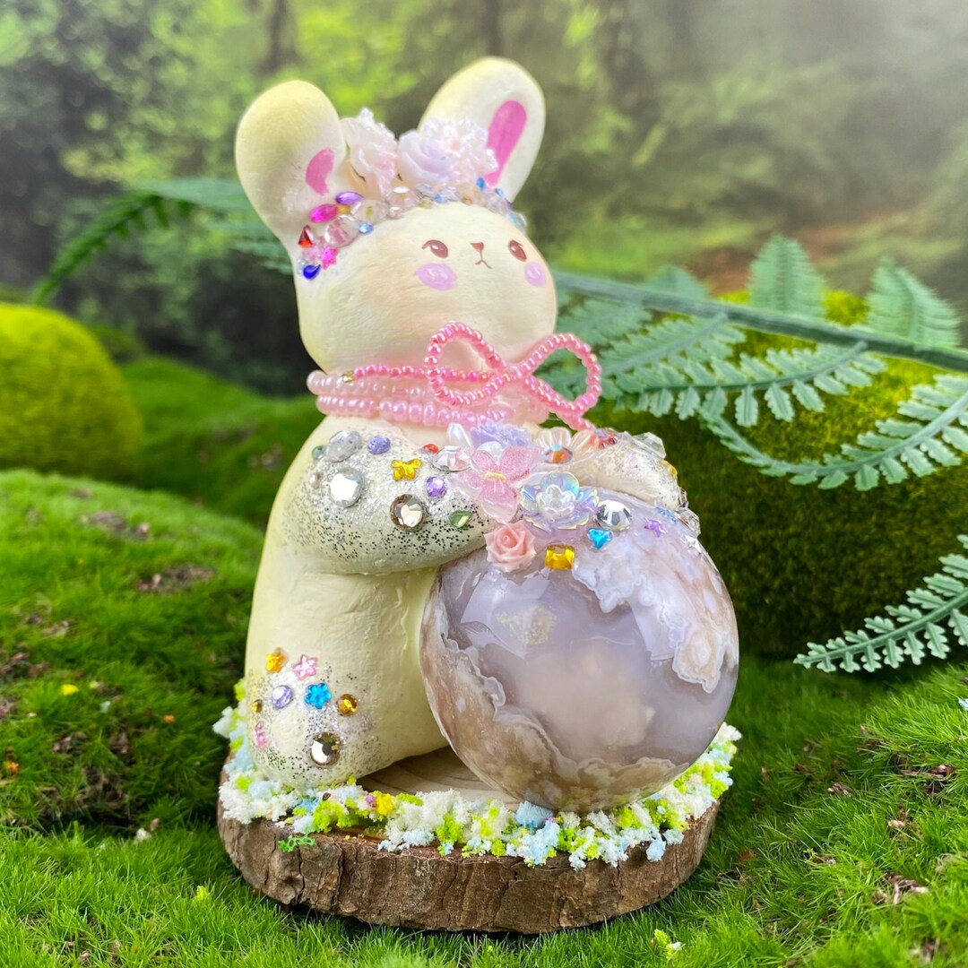 Sakura Agate Clay Bunny - Handmade Rabbit Figurine Decor With Crystal ...