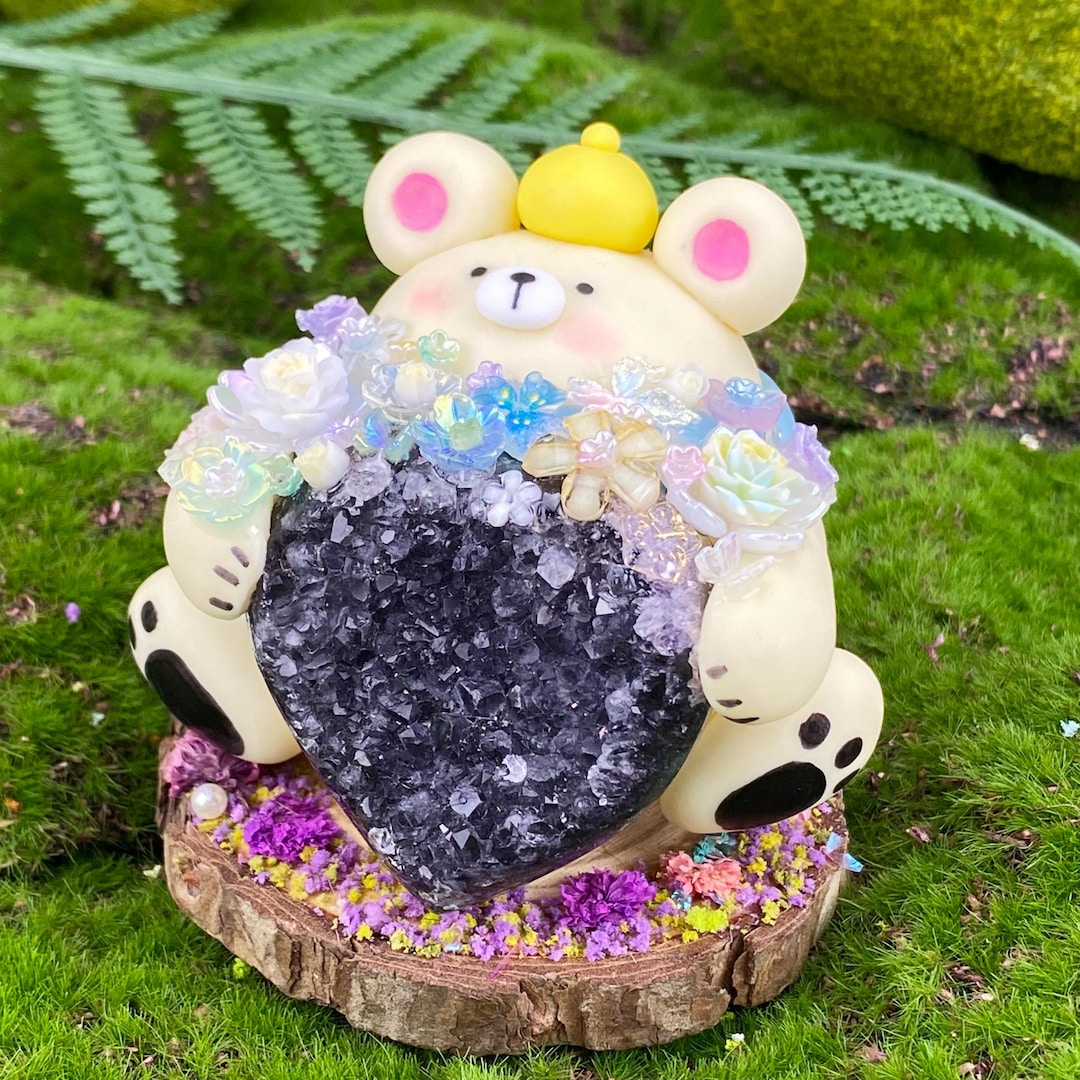 Amethyst Heart Clay Bear Figurine Decor | Handmade Huggable Guardian ...