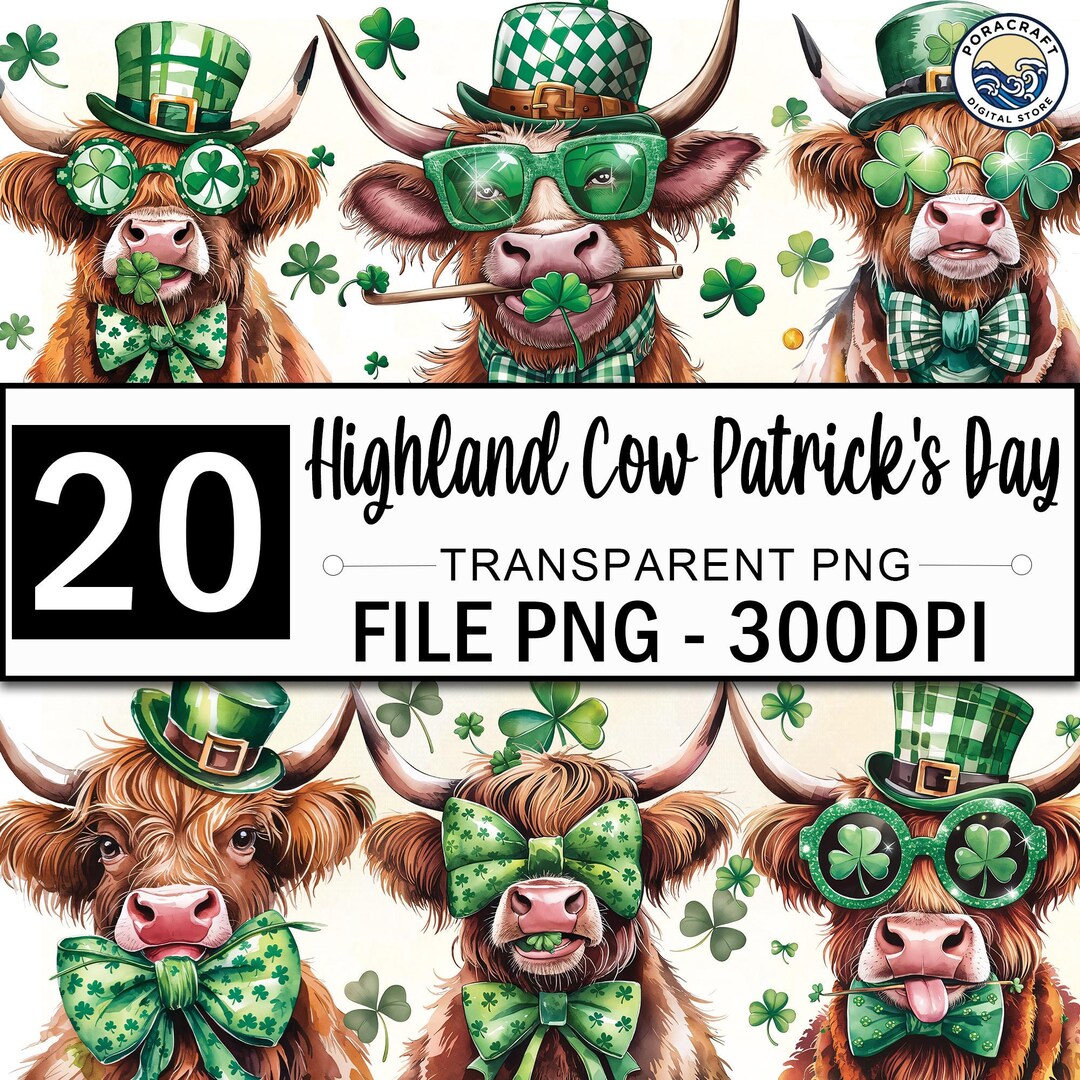 20+ Watercolor Highland Cow St. Patrick's Day Clipart, Lucky Shamrock ...